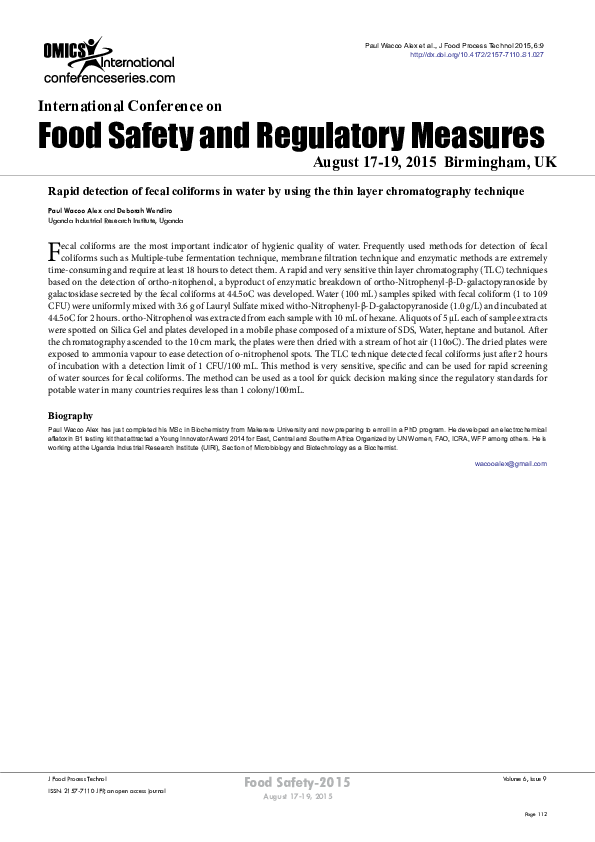 Pdf Rapid Detection Of Fecal Coliforms In Water By Using The Thin Layer Chromatography Technique