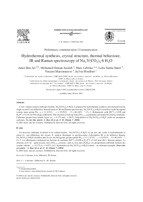 (PDF) Hydrothermal synthesis, crystal structure, thermal behaviour, IR and Raman spectroscopy of ...