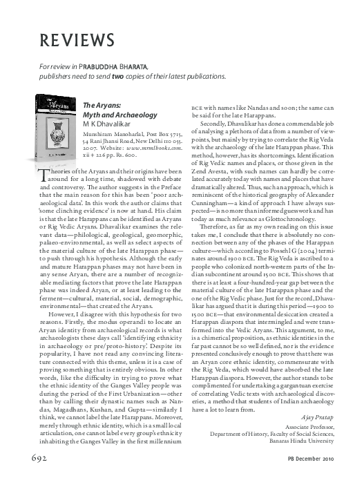 (PDF) Review of M.K. Dhavalikar. 2007. The Aryans: Myth and Archaeology