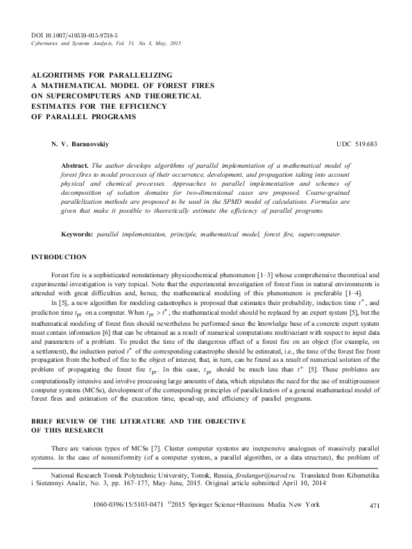 Pdf Algorithms For Parallelizing A Mathematical Model Of Forest Fires On Supercomputers And