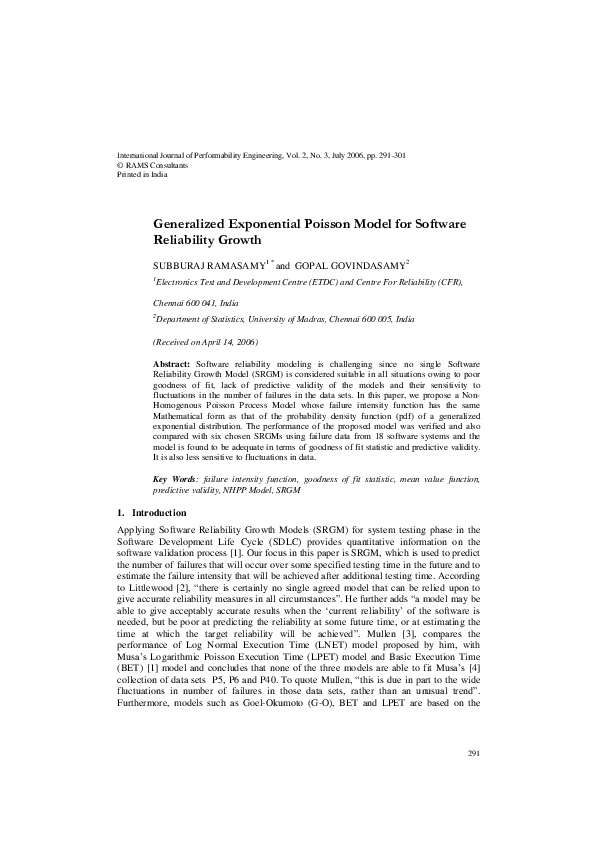 (PDF) Generalized Exponential Poisson Model for Software Reliability Growth