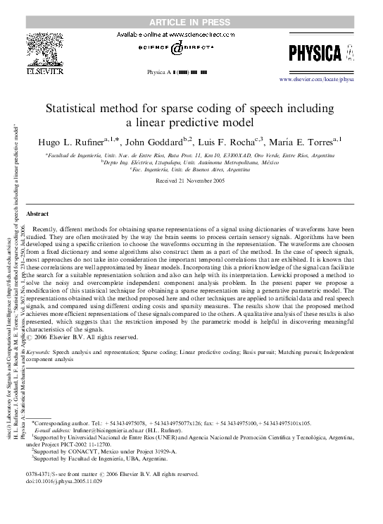 Pdf Statistical Method For Sparse Coding Of Speech Including A Linear