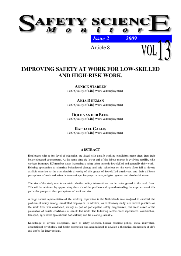 (PDF) Improving Safety at Work for Low-skilled and High-risk Work