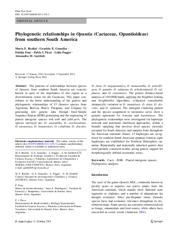 (PDF) Phylogenetic relationships in Opuntia (Cactaceae, Opuntioideae) from southern South America.