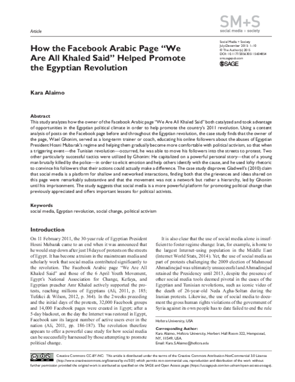 (PDF) How the Facebook Arabic Page “We Are All Khaled Said” Helped ...