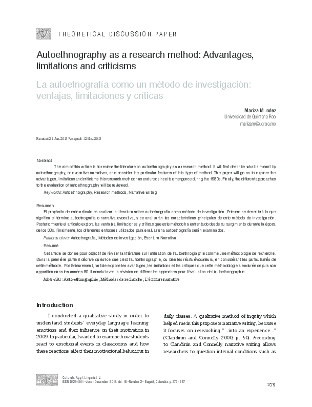 (PDF) Autoethnography as a research method: Advantages, limitations and ...