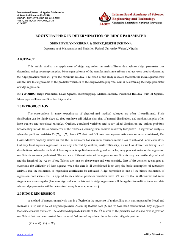 (PDF) BOOTSTRAPPING IN DETERMINATION OF RIDGE PARAMETER