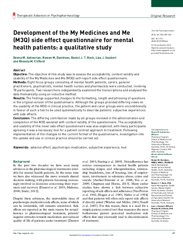 (PDF) Development of the My Medicines and Me (M3Q) side effect ...