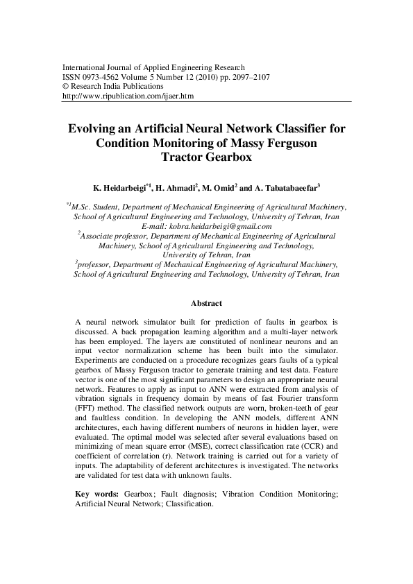 Pdf Evolving An Artificial Neural Network Classifier For Condition Monitoring Of Rotating