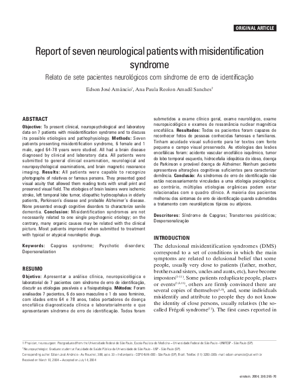 (PDF) Report of seven neurological patients with misidentification syndrome