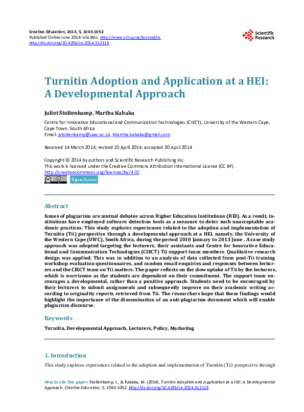 (PDF) Turnitin Adoption and Application at a HEI: A Developmental Approach
