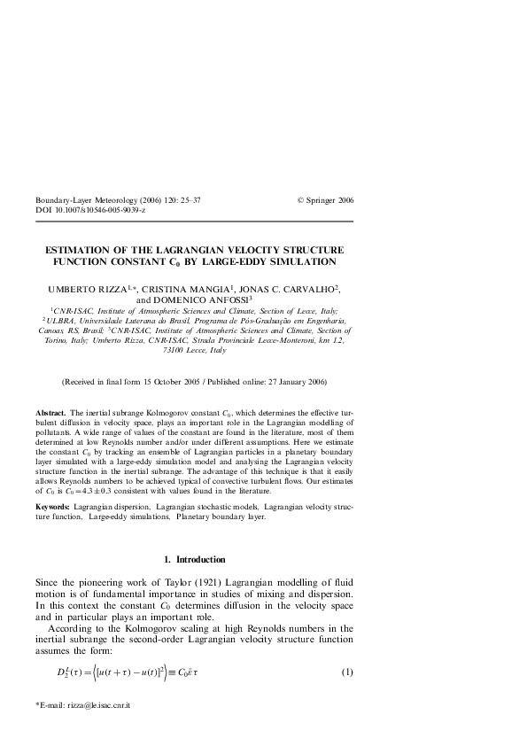Pdf Estimation Of The Lagrangian Velocity Structure Function Constant C0 By Large Eddy Simulation