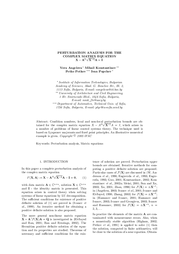 (PDF) Perturbation analysis for the complex matrix equation X - A^H \sqrt{X^{-1}} A = I.