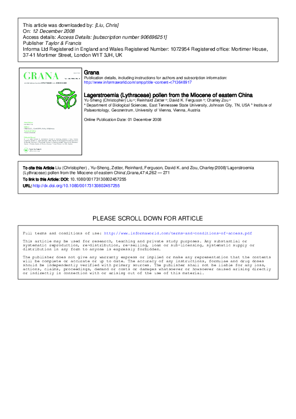 (PDF) Lagerstroemia (Lythraceae) pollen from the Miocene of eastern China