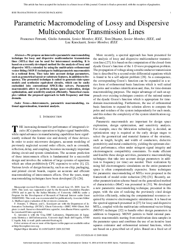 (PDF) Parametric Macromodeling of Lossy and Dispersive Multiconductor Transmission Lines