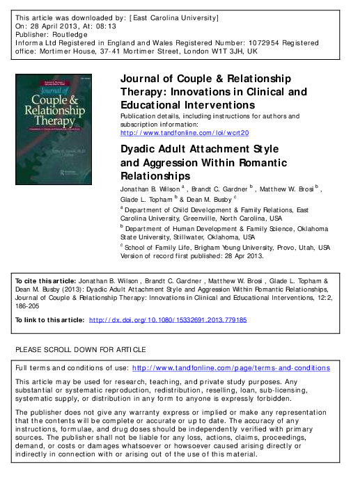 (PDF) Dyadic Adult Attachment Style and Aggression Within Romantic Relationships