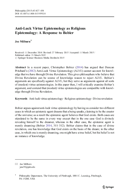 Anti-Luck Epistemology as Religious Epistemology: A Response to Bobier