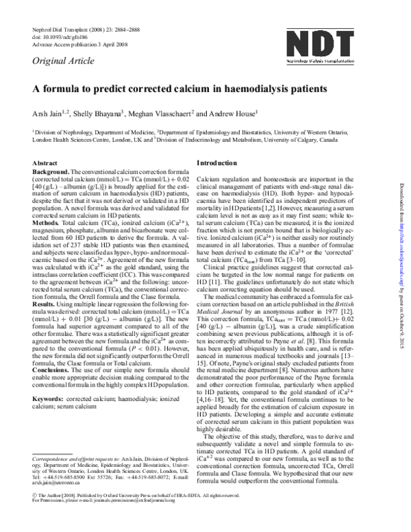 (PDF) A formula to predict corrected calcium in haemodialysis patients