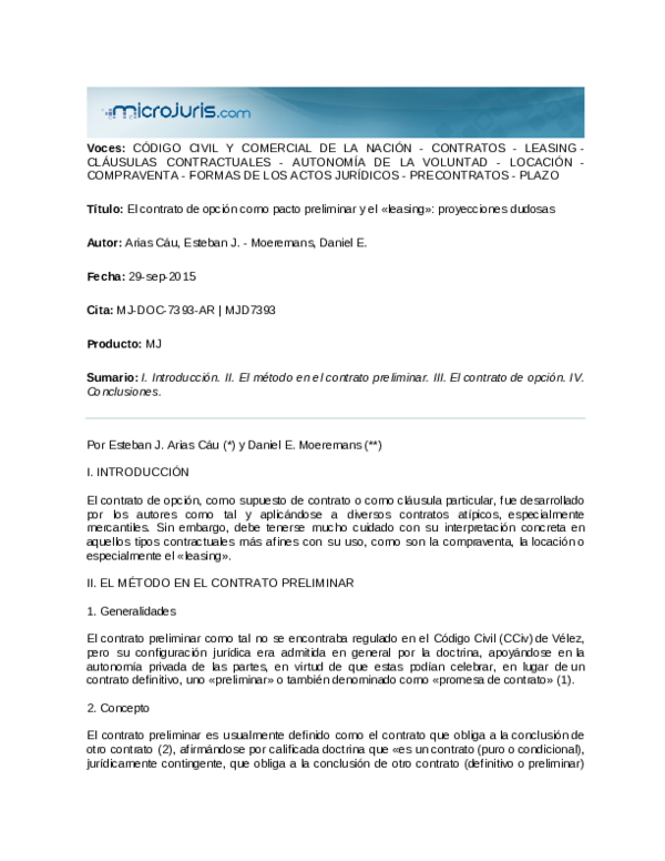 (PDF) EL CONTRATO DE OPCIÓN COMO PACTO PRELIMINAR Y EL LEASING ...