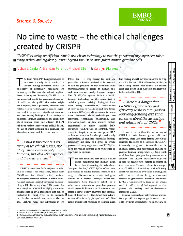 (PDF) No time to waste – the ethical challenges created by CRISPR