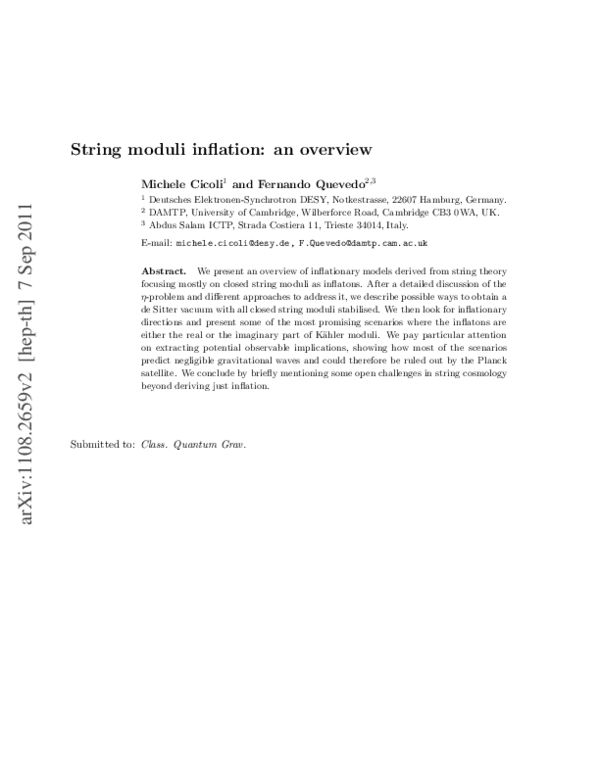 (PDF) String moduli inflation: an overview