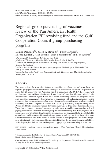 (PDF) Regional group purchasing of vaccines: review of the Pan American ...