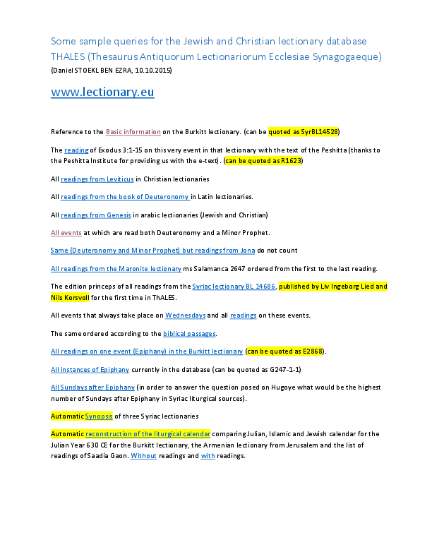 Lectionary Database Thales (Thesaurus Antiquorum Lectionariorum ...