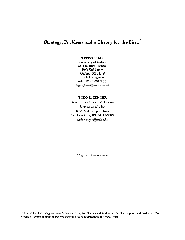 (PDF) Strategy, Problems and a Theory for the Firm