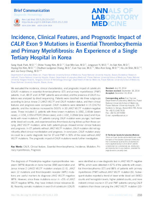 Pdf Incidence Clinical Features And Prognostic Impact Of Calr Exon