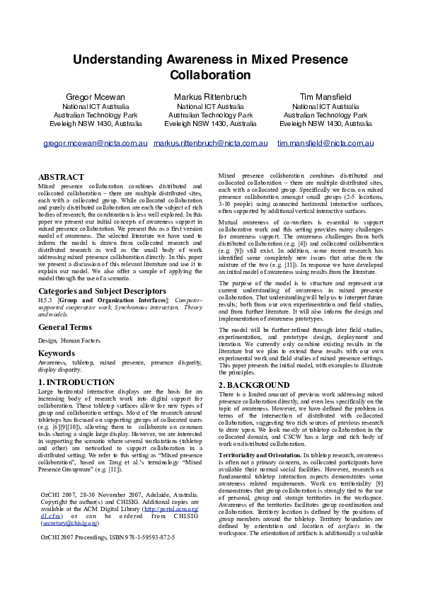 (PDF) Understanding awareness in mixed presence collaboration