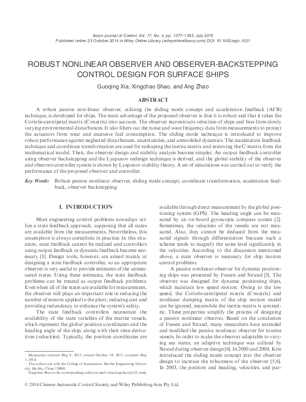 Pdf Robust Nonlinear Observer And Observer Backstepping Control Design For Surface Ships