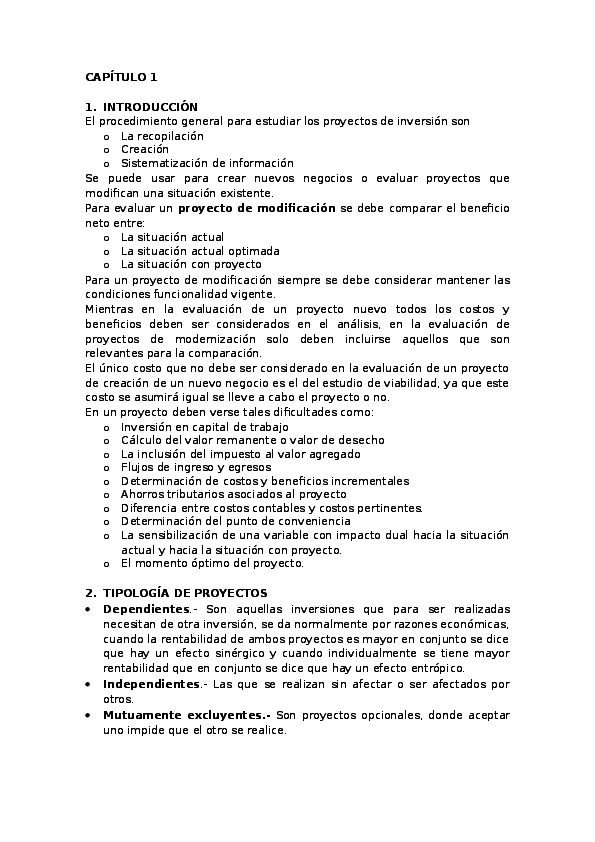 (DOC) Resumen Capitulo 1, proyectos de inversión, nassir sapag. 2da edición
