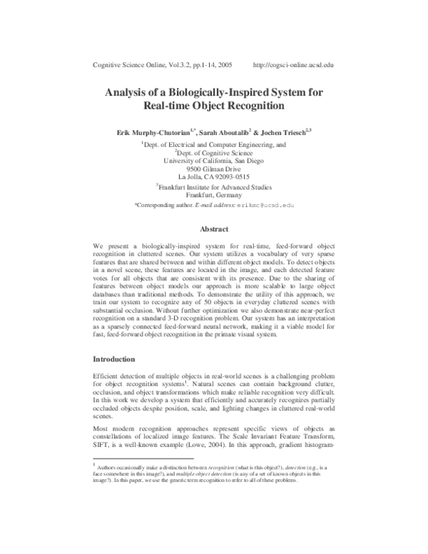 Pdf Analysis Of A Biologically Inspired System For Real Time Object