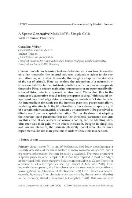 (PDF) A Sparse Generative Model of V1 Simple Cells with Intrinsic Plasticity