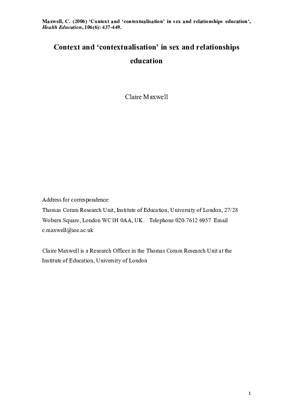Pdf Context And Contextualisation In Sex And Relationships Education