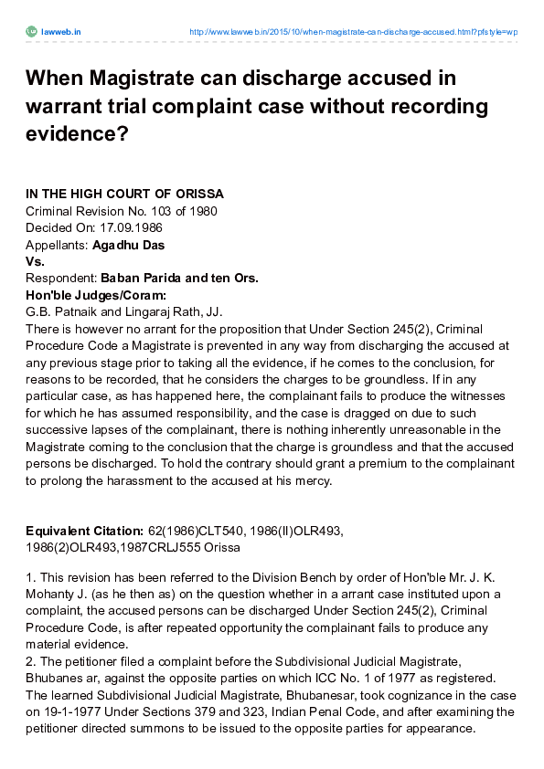 (PDF) When Magistrate can discharge accused in warrant trial complaint ...