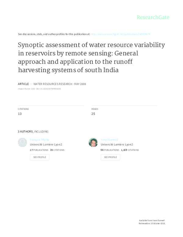 (PDF) Synoptic assessment of water resource variability in reservoirs by remote sensing: General ...