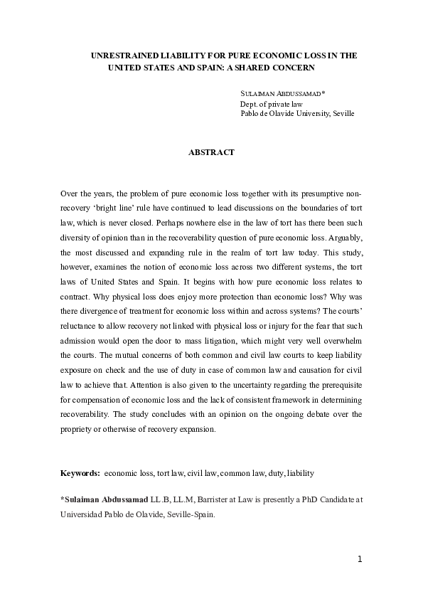 (DOC) UNRESTRAINED LIABILITY FOR PURE ECONOMIC LOSS IN THE UNITED ...