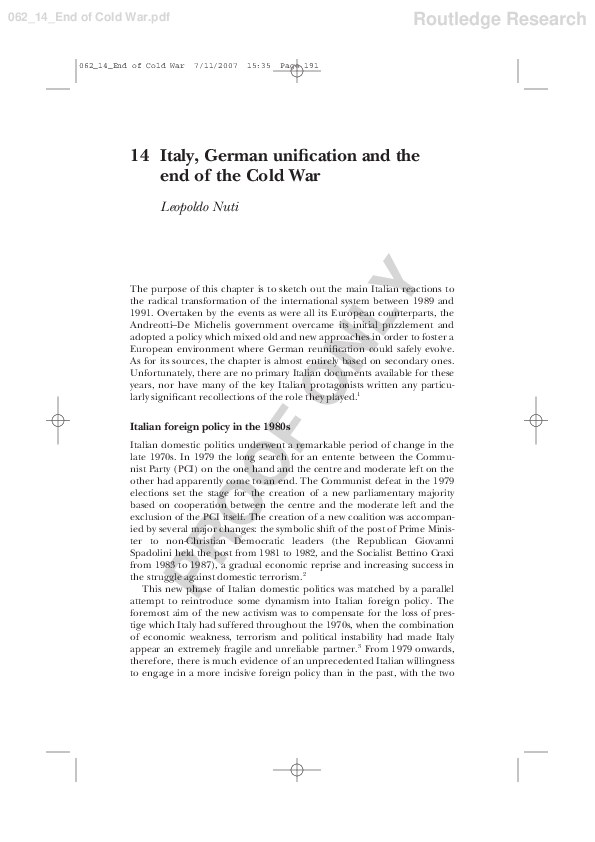(PDF) "Italy, German unification and the end of the Cold War" in ...
