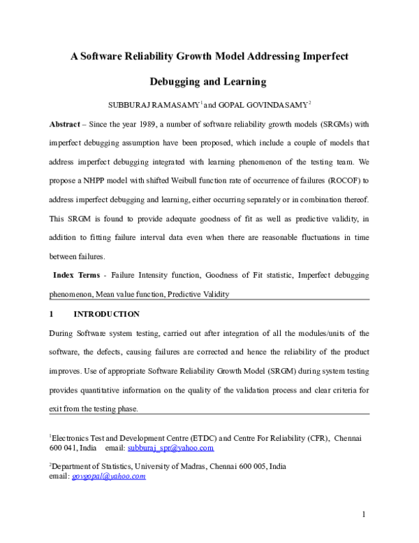 Doc A Software Reliability Growth Model Addressing Imperfect Debugging And Learning Subburaj