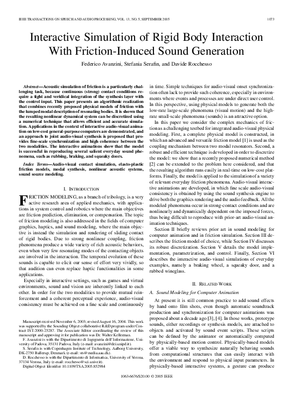 Pdf Interactive Simulation Of Rigid Body Interaction With Friction Induced Sound Generation