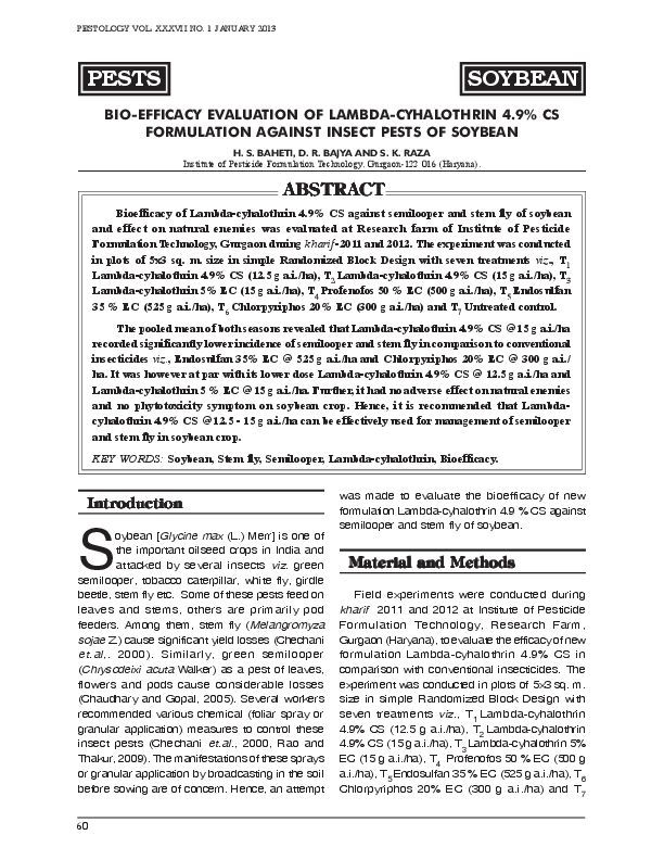 (PDF) BIO-EFFICACY EVALUATION OF LAMBDA-CYHALOTHRIN 4.9% CS FORMULATION AGAINST INSECT PESTS OF ...