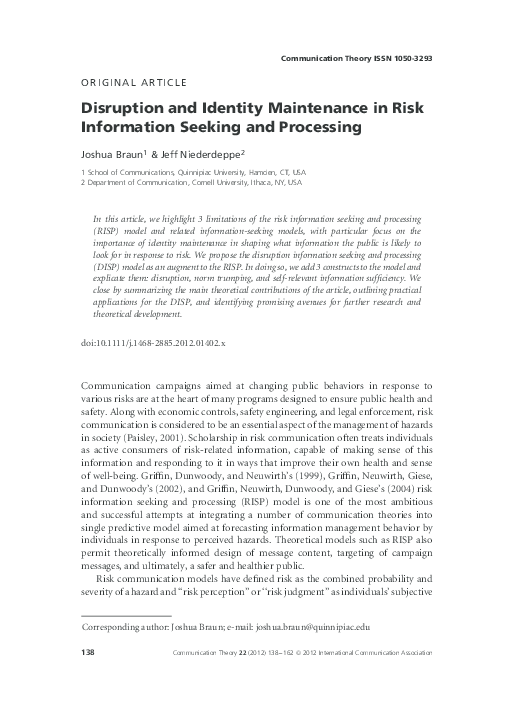 (PDF) Disruption and Identity Maintenance in Risk Information Seeking ...