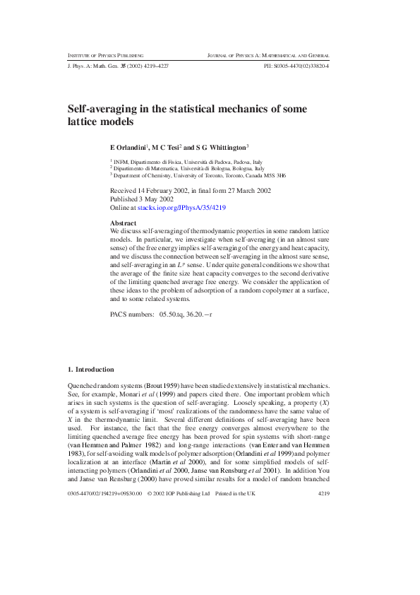 (PDF) Self-averaging in the statistical mechanics of some lattice models