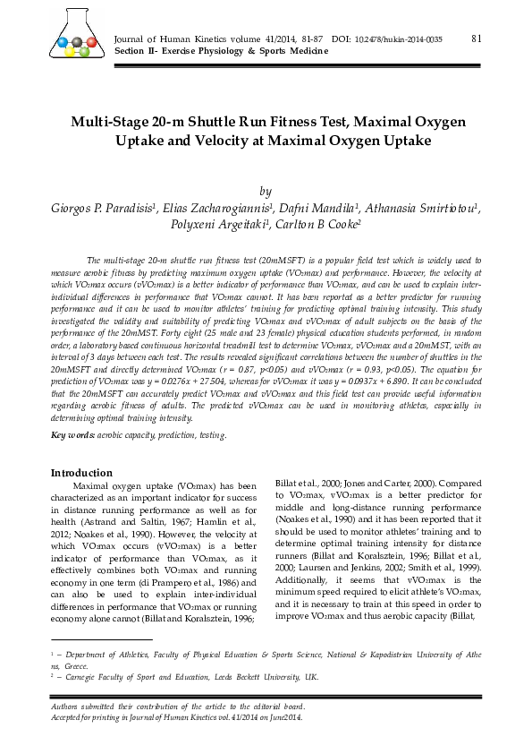 (PDF) Multi-Stage 20-m Shuttle Run Fitness Test, Maximal Oxygen Uptake ...