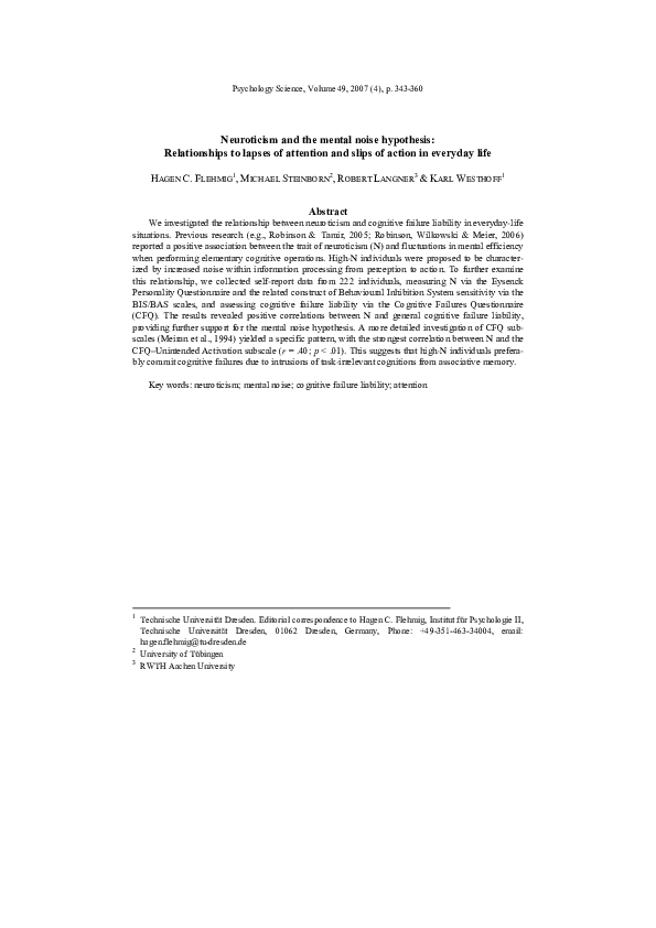 (PDF) Neuroticism and the mental noise hypothesis: Relationships to ...