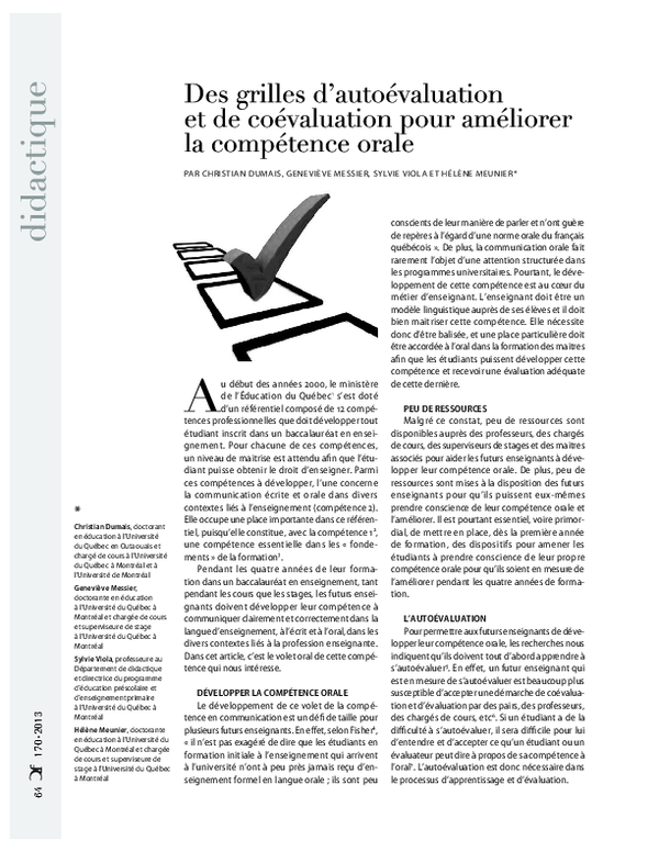 (PDF) Des grilles d’autoévaluation et de coévaluation pour améliorer la compétence orale