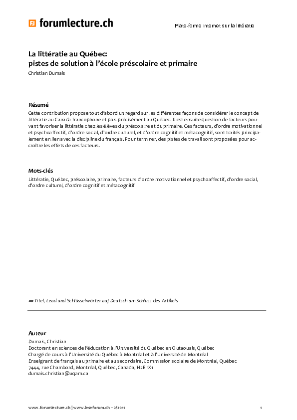 (PDF) La littératie au Québec : Pistes de solution à l’école ...