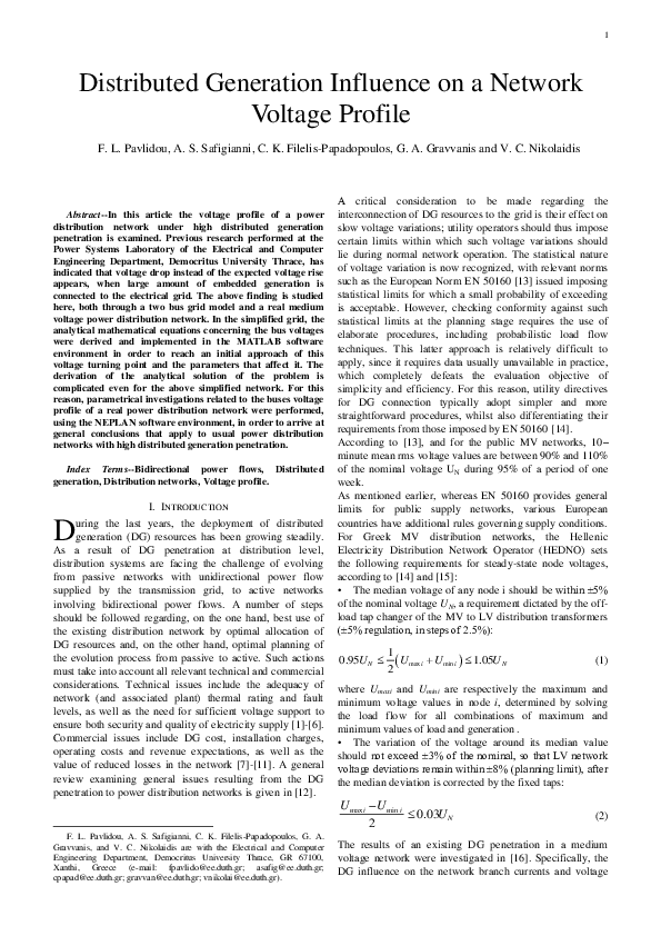 (PDF) Distributed Generation Influence on a Network Voltage Profile