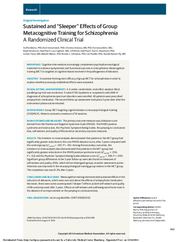 (PDF) Sustained and “Sleeper” Effects of Group Metacognitive Training for Schizophrenia